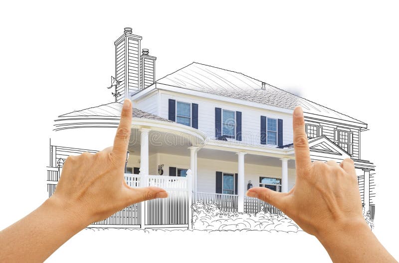Hands Framing House Drawing and Photo on White Stock Image - Image of ...