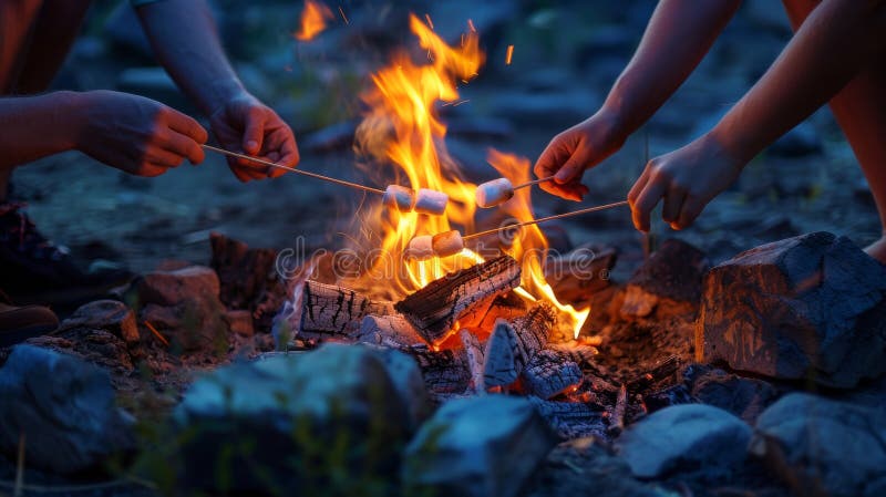 Hands of Friends Roasting Marshmallows Over the Fire in a Grill Closeup ...