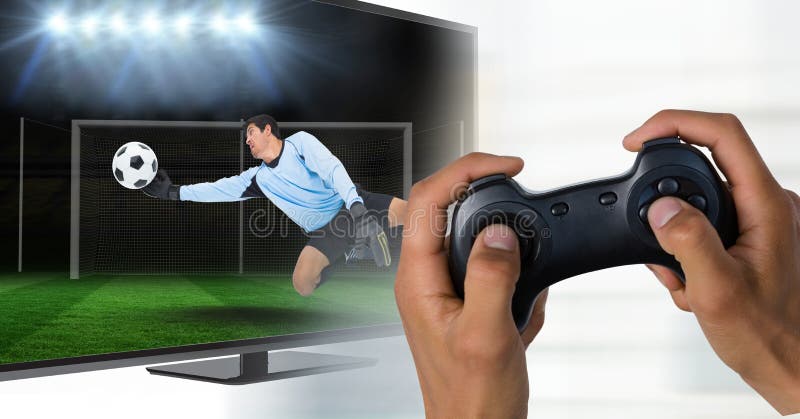 Hands With Game Controller In Front Of Tv Screen With Goalkeeper ...