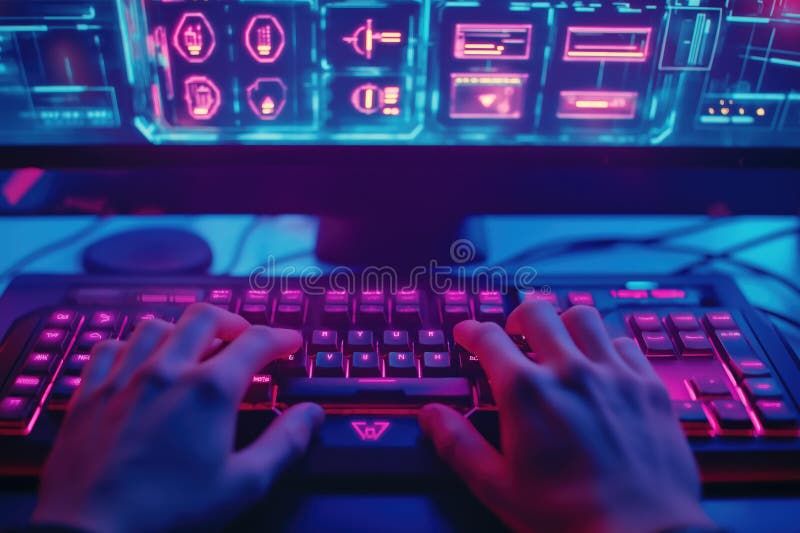 Hands of a Gamer on a Backlit Keyboard with Futuristic Interface on ...