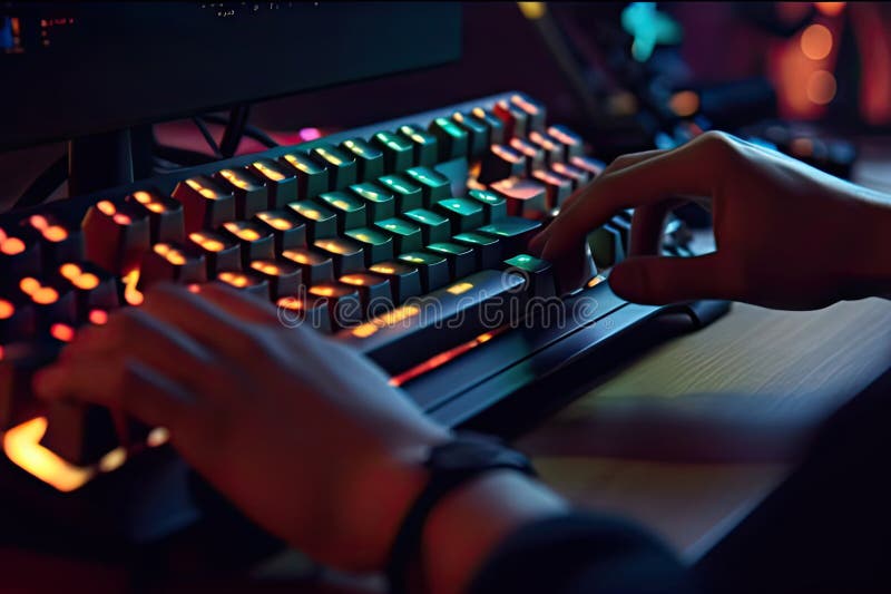 Hands Gamer Man Playing Video Games Computer Dark Room Using Backlit ...
