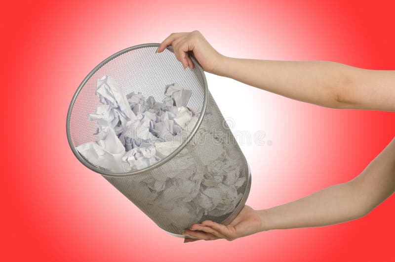 Hand Throwing Crumpled Paper Into Metal Basket Isolated On White. Stock ...