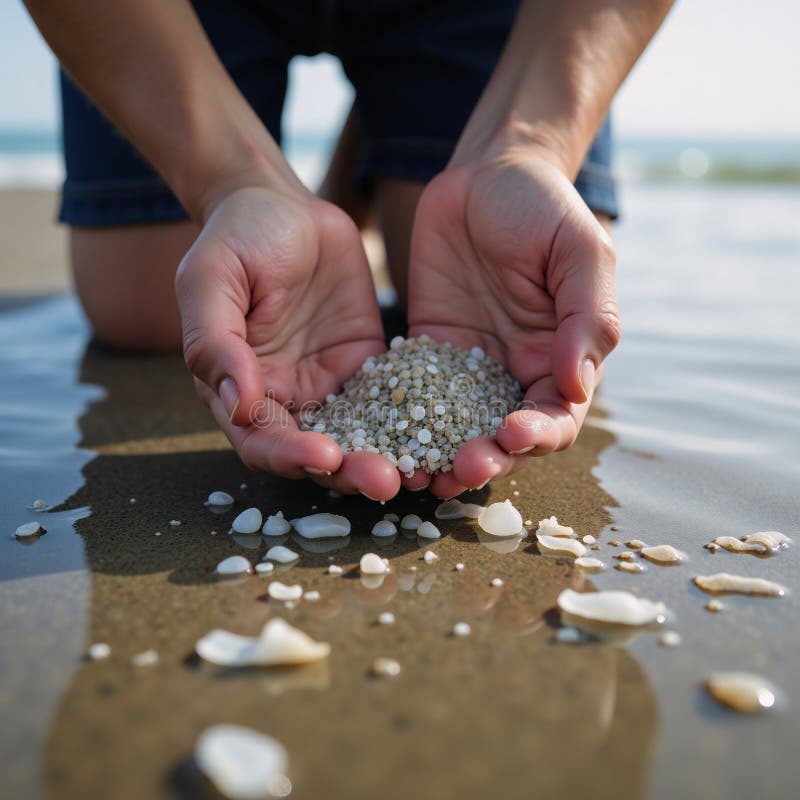Hands Gathering Microplastic Debris from Polluted Beach Waters for ...