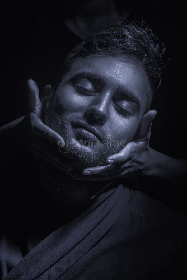 Hands Gentle Touching Man S Head Stock Image - Image of closed ...