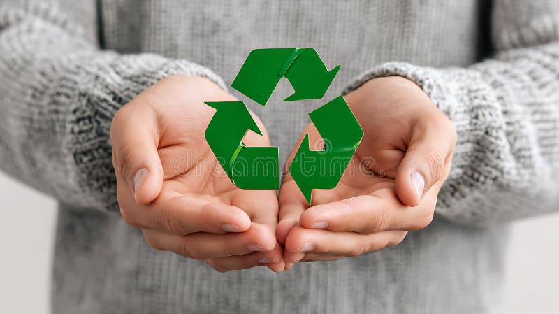 Hands Gently Cradle a Green Recycling Symbol, Featuring Three Chasing ...