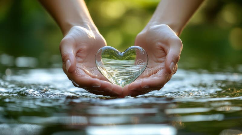 Hands Gently Hold a Glass Heart Filled with Water Stock Illustration ...