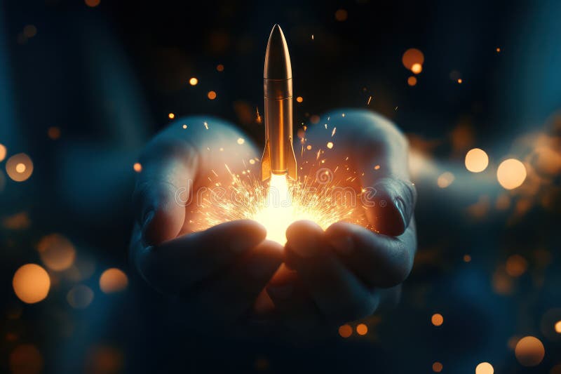Miniature Rocket Launching from Hands with Glowing Sparks Stock Image ...
