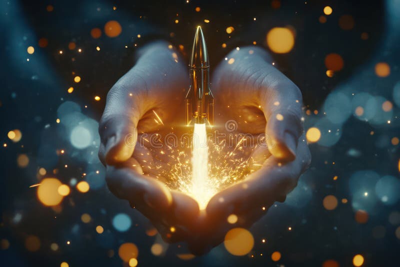 Miniature Rocket Launching from Hands with Glowing Sparks Stock Photo ...
