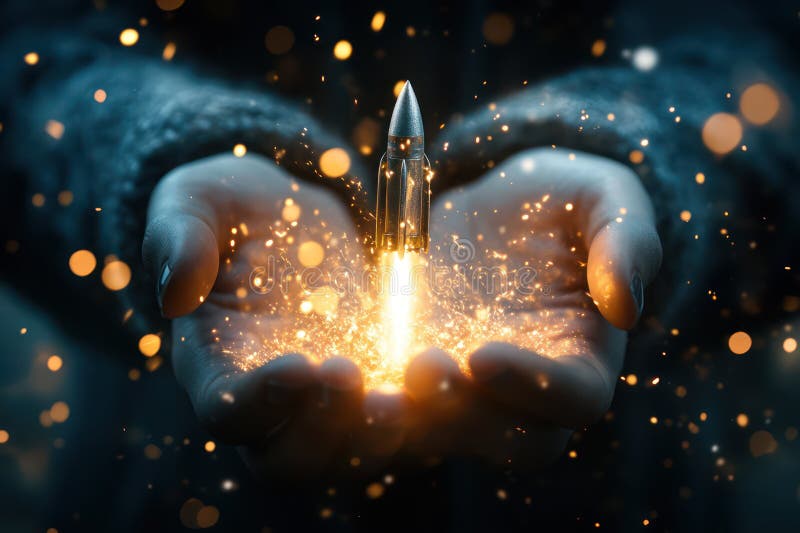 Miniature Rocket Launching from Hands with Glowing Sparks Stock Image ...
