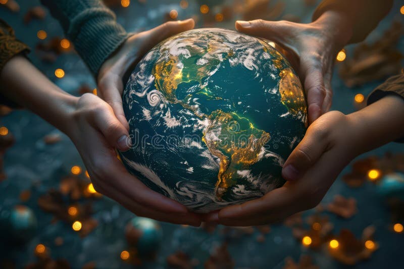 Hands Gently Holding an Illuminated Earth Globe, Emphasizing Global ...