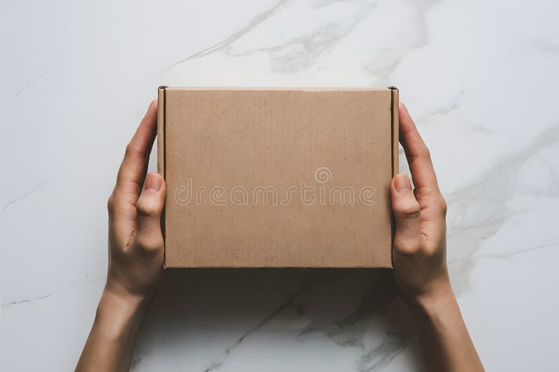 Hands Gently Holding Square Cardboard Box Labeled BOX on White Marble ...