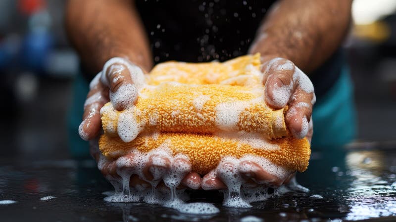 Hands Gently Squeezing a Soapy Cleaning Cloth while Preparing for a ...