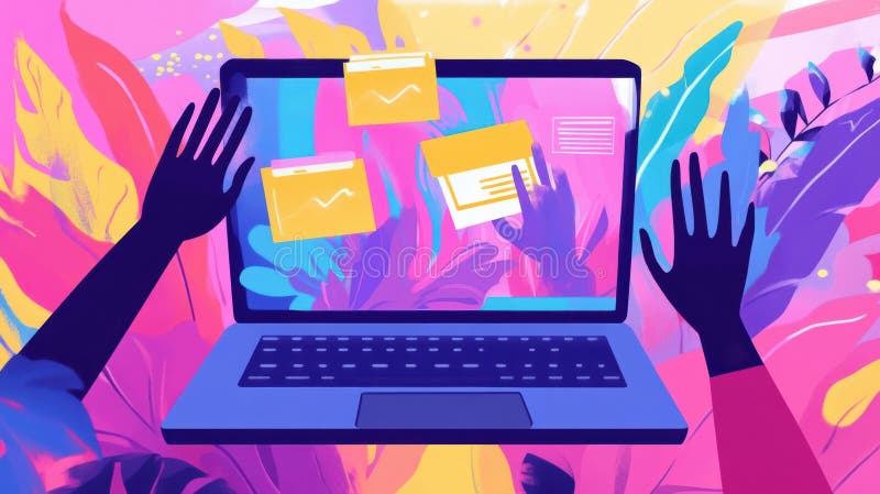 Hands Gesturing Animatedly Above a Laptop Screen Displaying a Vibrant ...