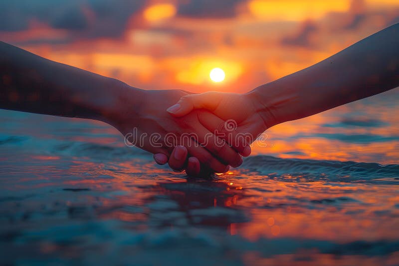 Hands of a Girl and a Man Over the Water at Sunset Generative AI Stock ...