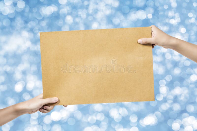 Hands Give Envelope with Blurry Blue Background, for Add Your Te Stock ...