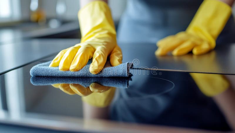 Hands in Gloves Cleaning Modern Kitchen Surface with Cloth for Hygienic ...