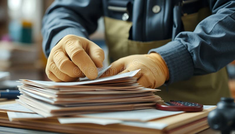 Hands in Gloves Organizing and Sorting Paperwork in an Office Setting ...