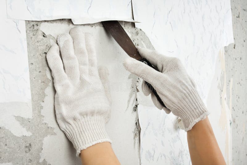 Hands in Gloves Removing Old Wallpaper with Spatula Stock Image - Image ...