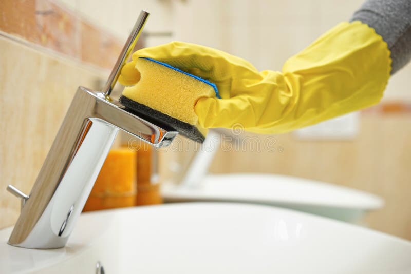 Hands in Gloves with Sponge Cleaning Pipe and Faucet Stock Photo ...