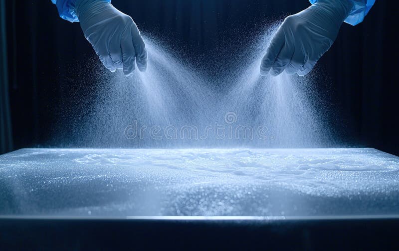 Hands in Gloves Sprinkle a Fine Powder Across a Sleek Surface in a ...