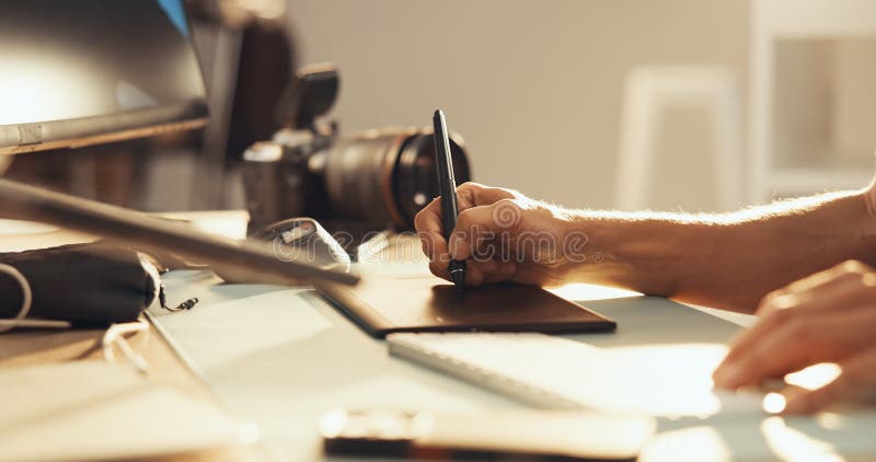Hands, Graphic Tablet and Photography Editor on Computer with Post ...