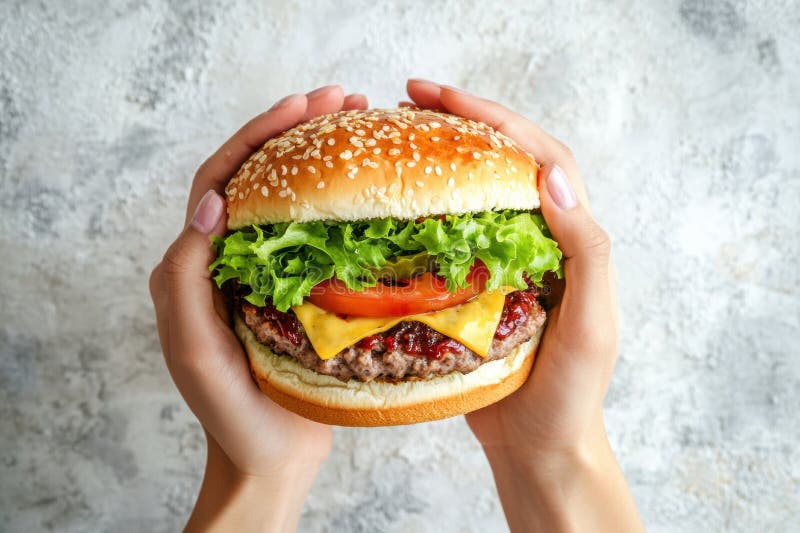 Hands Grasp a Hearty Burger that Features Fresh Lettuce, Tomato, and ...