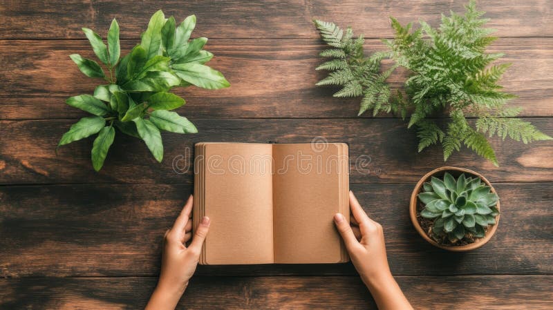 Hands Grasp an Open Notebook while Surrounded by Lush Greenery on a ...