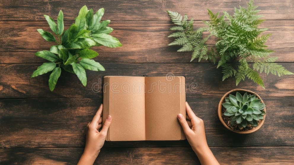 Hands Grasp an Open Notebook while Surrounded by Lush Greenery on a ...