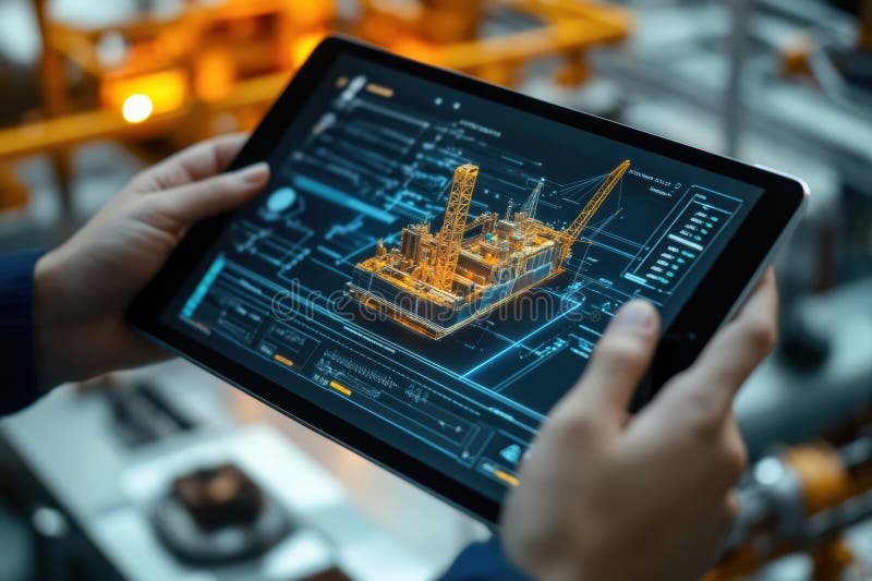 Hands Holding a Tablet with a Detailed 3D Oil Rig Model in a High Tech ...