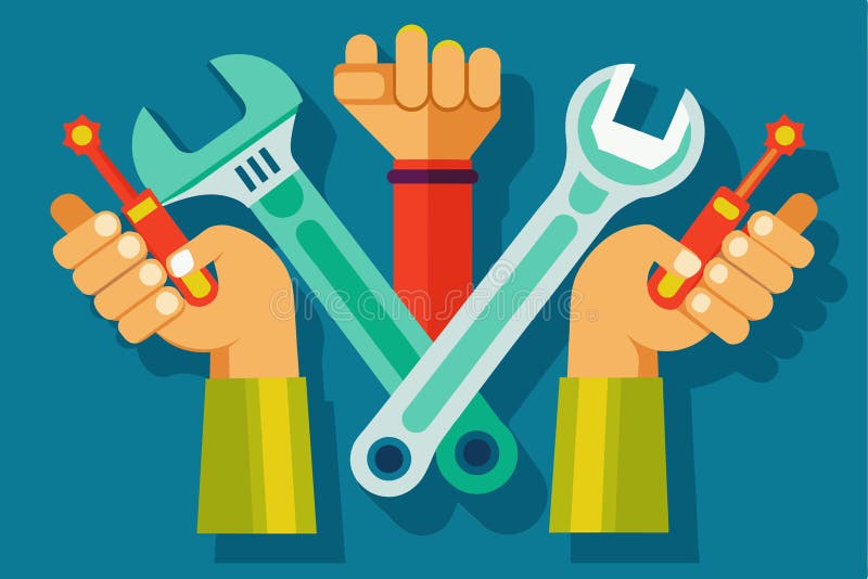 Hands Grasping a Wrench, a Spanner, and Other Tools Showcase ...