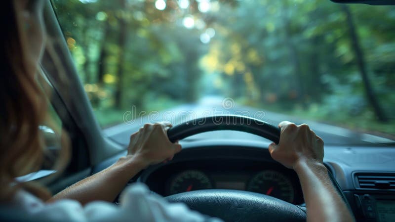 Hands Grip the Steering Wheel while Navigating a Peaceful Wooded Road ...