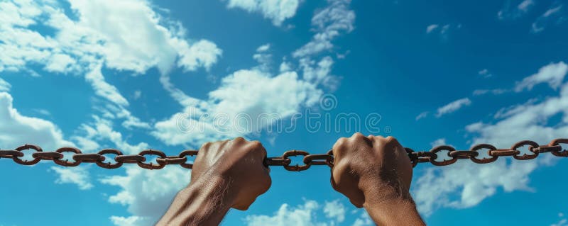 Hands Gripping a Chain Against Blue Sky with Clouds Stock Image - Image ...