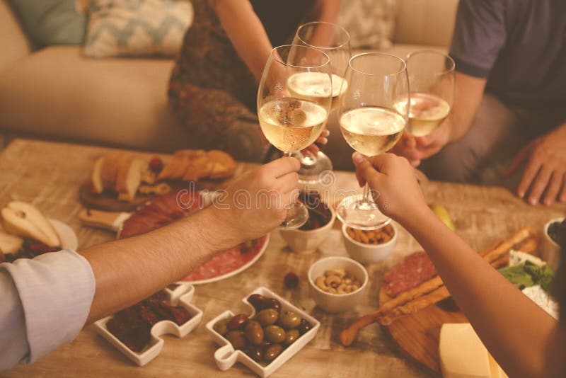 Hands Of A Group Of People Cheering With White Wine Stock Image Image Of Eating Cheering