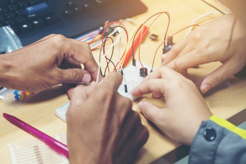 Hands Group Work Shop Electronic Control Kit DIY Boards Flat Lay Stock ...