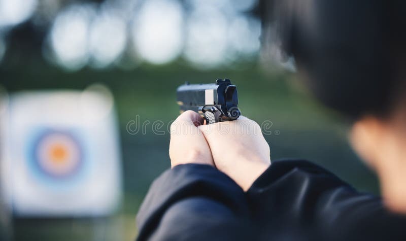 Hands, Gun and Aim at Shooting Range Target with Weapon Outdoor for ...