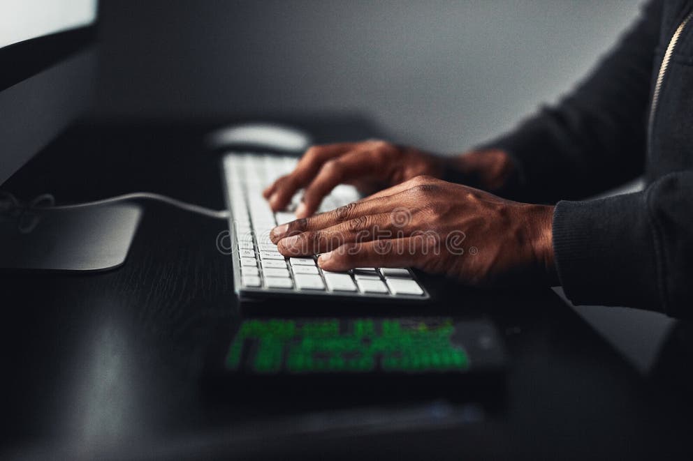 Hands, Hacker and Typing on Computer for Coding, Data Breach or Cyber Attack at Night. Keyboard ...