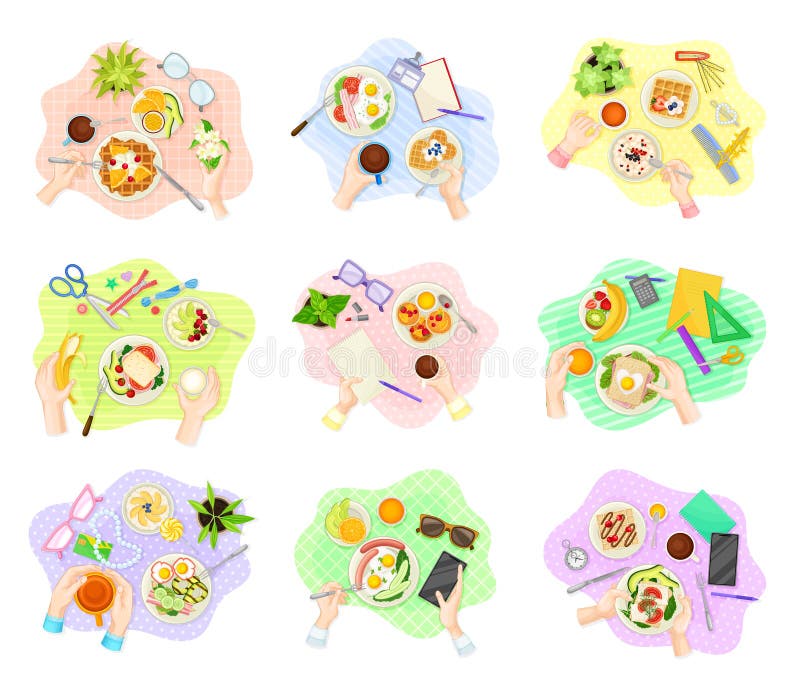 Hands Having Breakfast Above Table View with Meal on Plate Vector Set ...