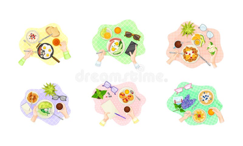 Hands Having Breakfast Above Table View with Meal on Plate Vector Set ...