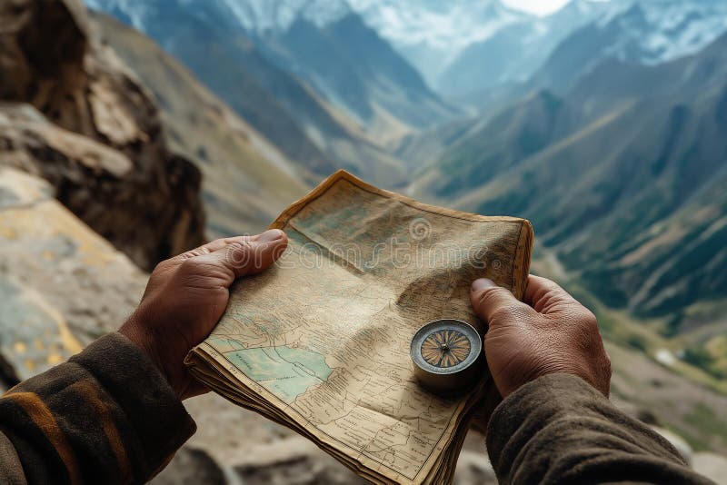 Hands of a Hiker Holding a Map and Compass while Navigating a Mountain ...