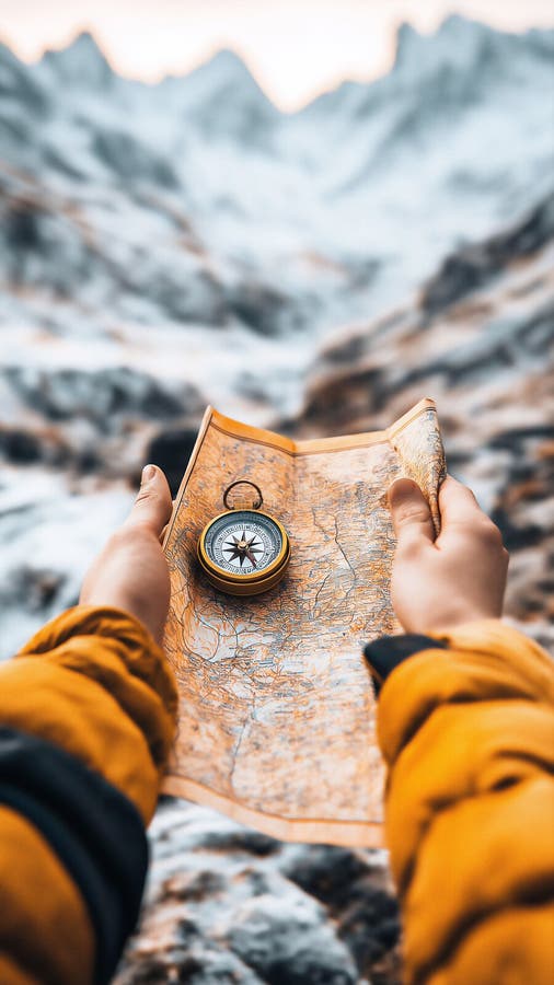 Hands of a Hiker Navigating with a Map and Compass in a Rugged Mountain ...
