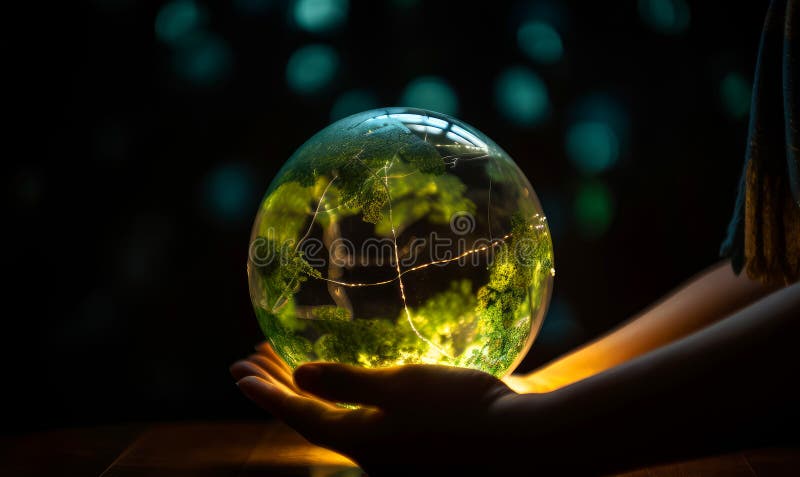 Hands Hold a Big Glass Bubble Lit from Below. Greenery Growing Inside ...
