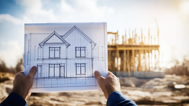 Hands Hold Blueprint of House Over Construction Site. Architectural ...