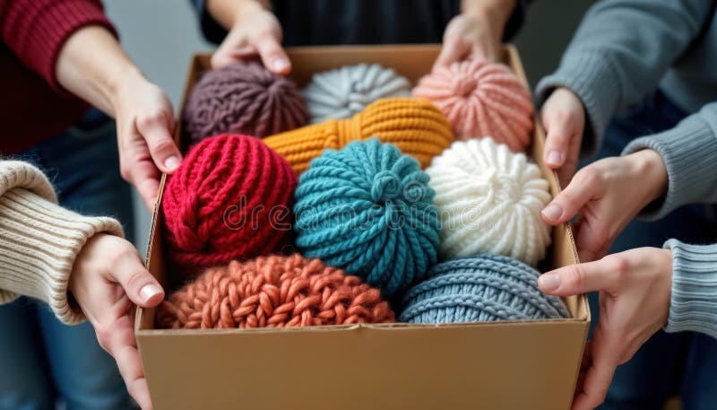Hands Hold Cardboard Box Full of Assorted Warm Knitted Materials for ...
