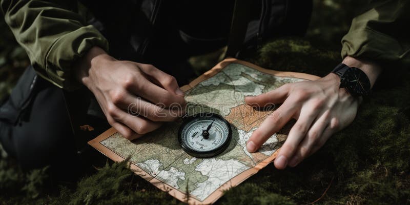 Hands Hold a Compass and Map, Plotting a Course for an Exciting ...