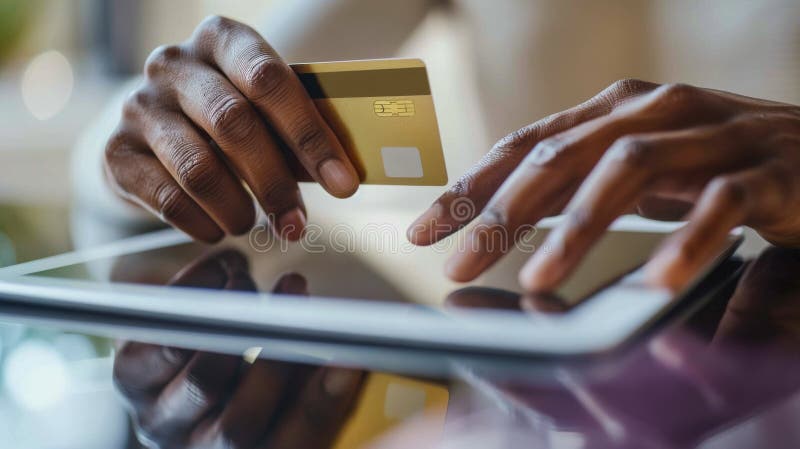 Hands Hold a Credit Card Above a Tablet for an Online Transaction..AI Generated Image Stock ...