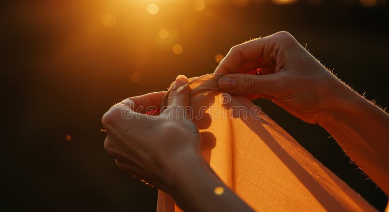 Hands Hold a Delicate Piece of Translucent Fabric Against a Backdrop of ...
