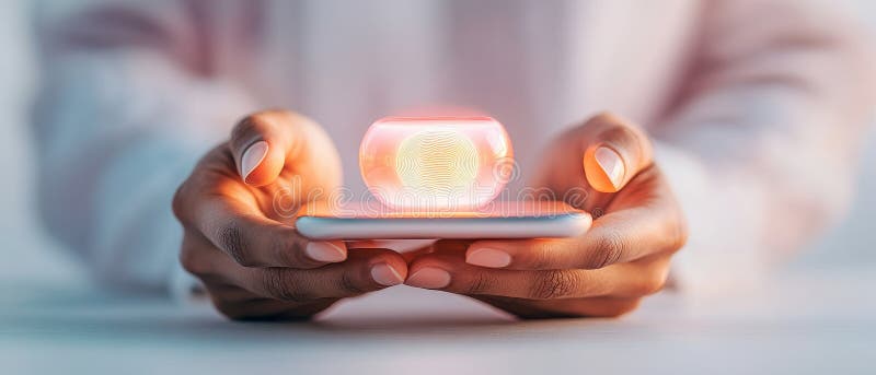 Hands Hold Digital Device. Glowing Sphere Shows Pattern. Concept for ...
