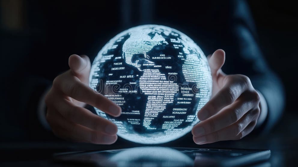 Hands Hold Digital Globe Displaying Global Languages, Data. Futuristic ...