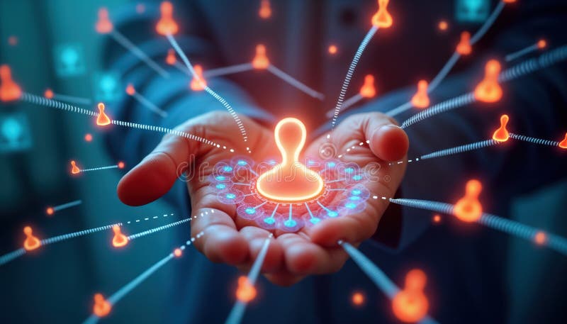 Hands Hold Digital Network of Users. Social Media Platform Links People ...