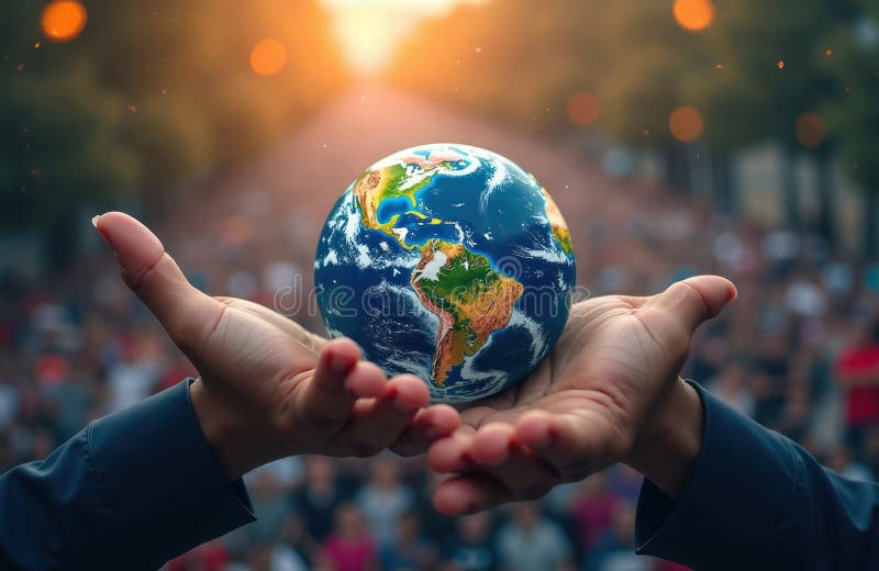 Hands Hold Earth Model. Large Crowd Surrounds. Global Unity Symbolized ...